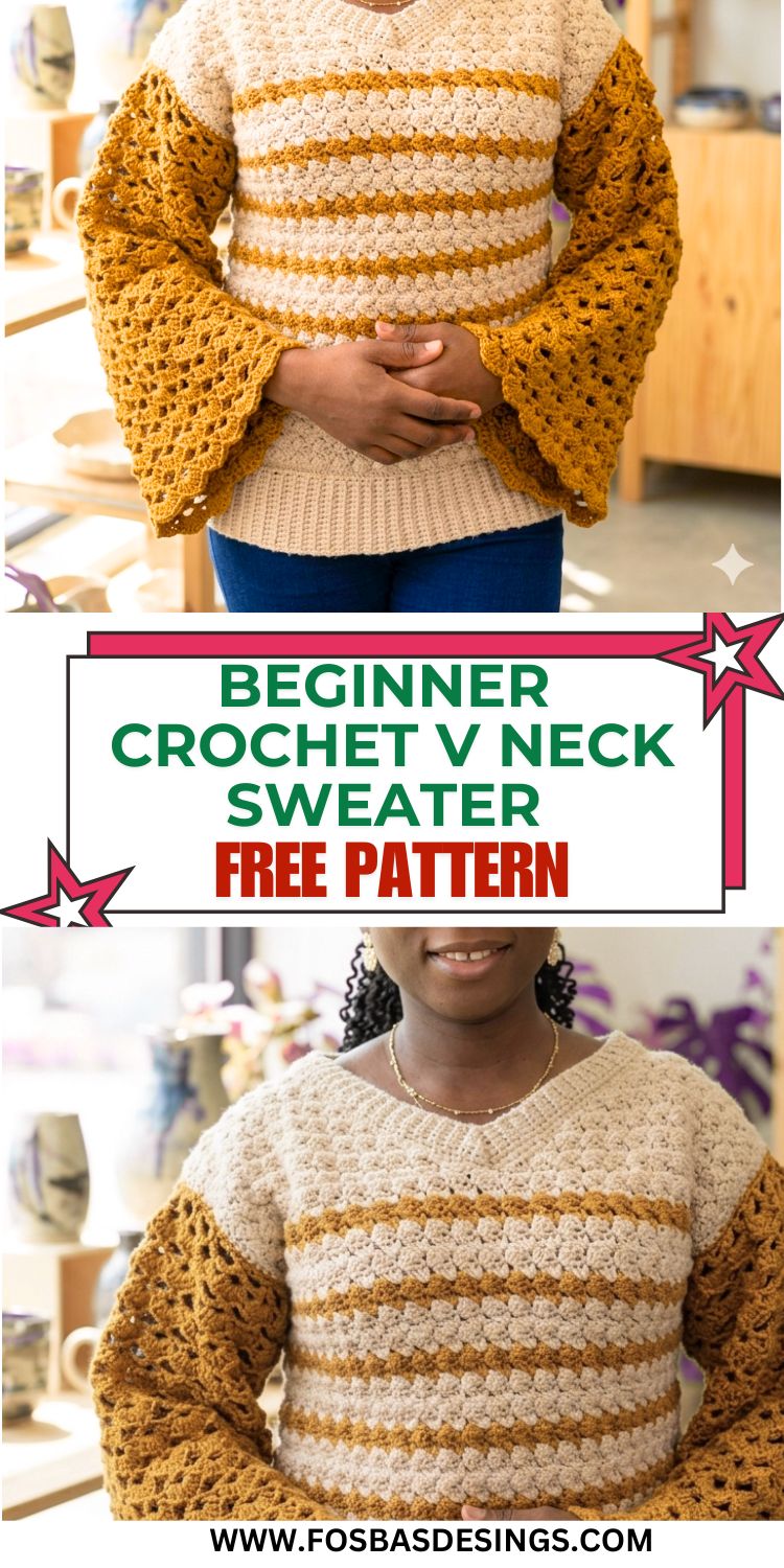 Crochet V Neck Sweater Free Pattern - Fosbas Designs